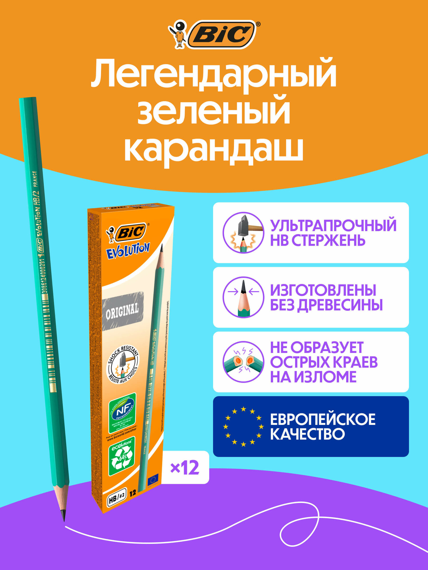 Карандаш чернографитовый BIC зеленый корпус уп. 12 шт.