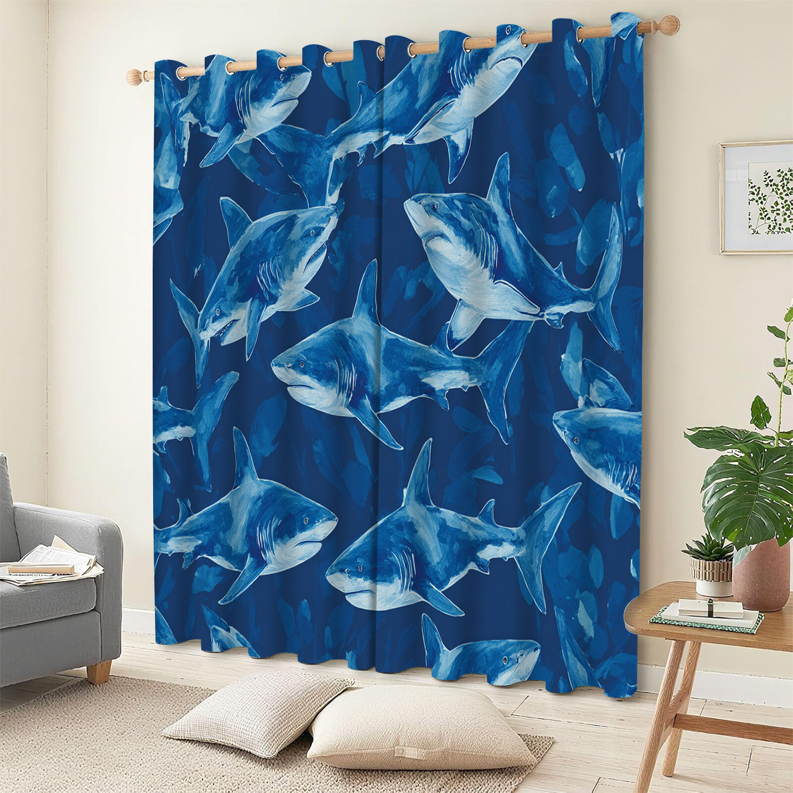 Синяя Акула Шторы блэкаут для гостиной и спальни, Океанские Животные комплект 2 шт 145x240cm