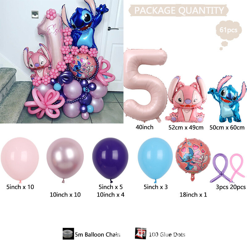 Набор воздушных шаров Стич Дисней розовый латекс с алюминиевой пленкой для детского дня рождения 1 год
