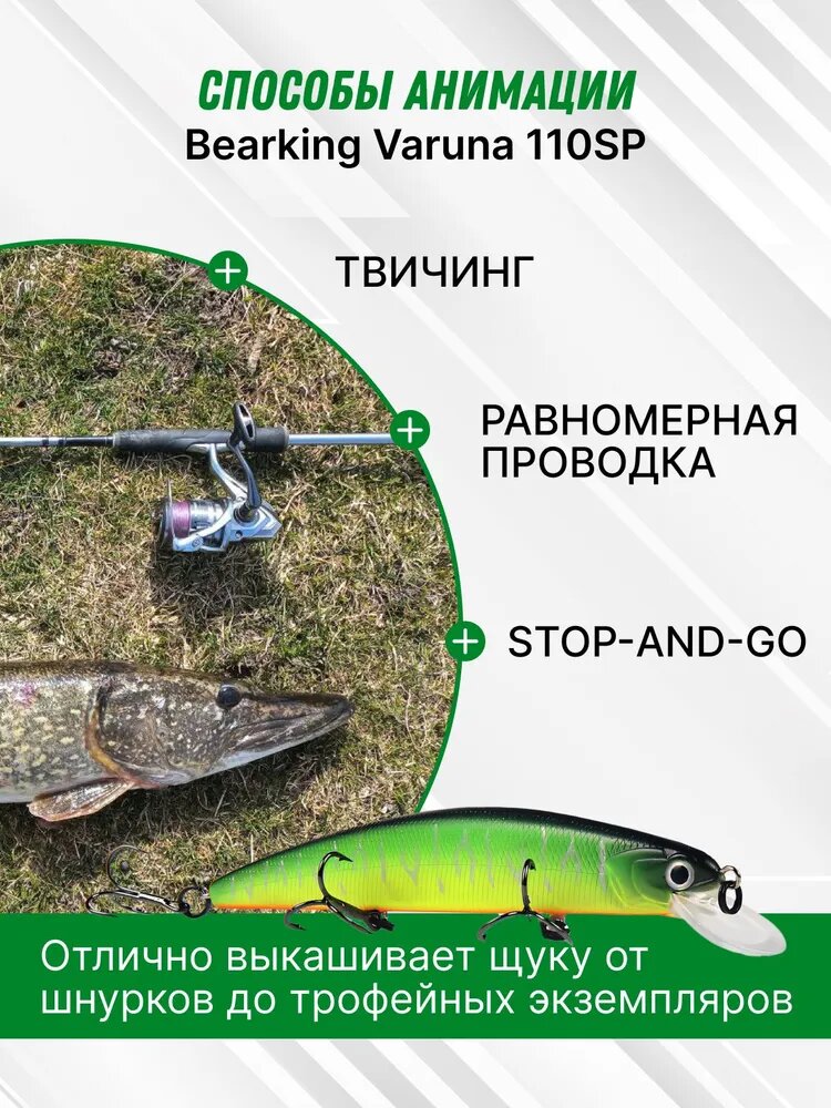 Воблер BearKing Varuna 110SP Минноу, 11 см, 17 гр, заглубление 1-1.5 м, нейтральная плавучесть — фото 1