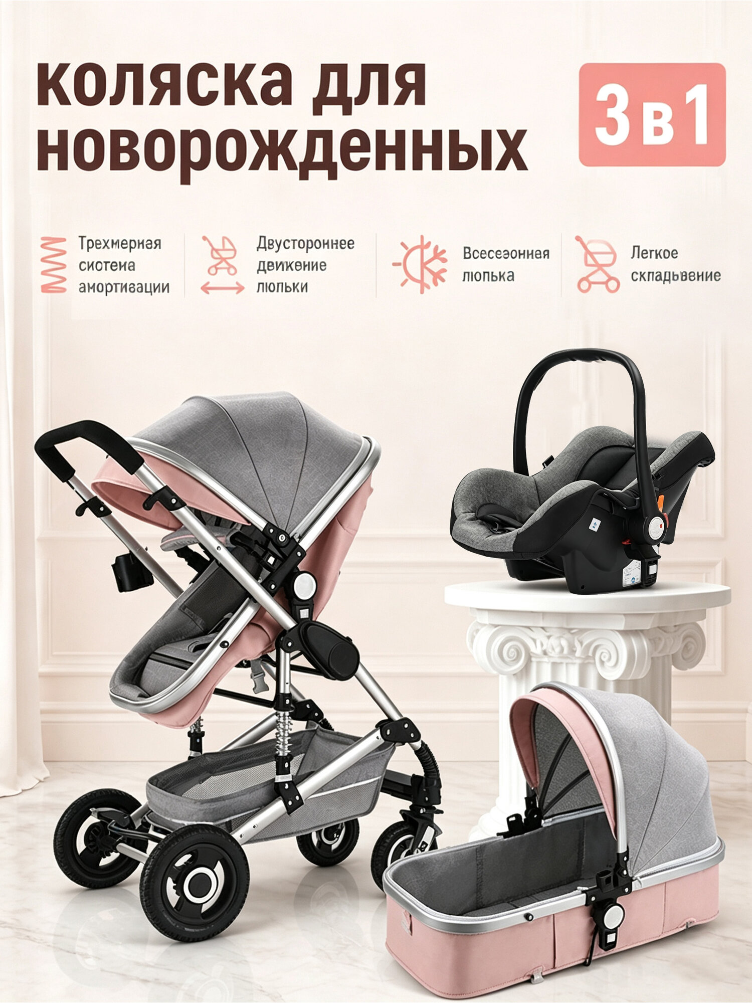 Универсальная коляска 3 в 1 с большими колесами и двойной защитой для новорожденных, легкий механизм складывания, 5 уровней наклона, идеальна прогулок с малышом!