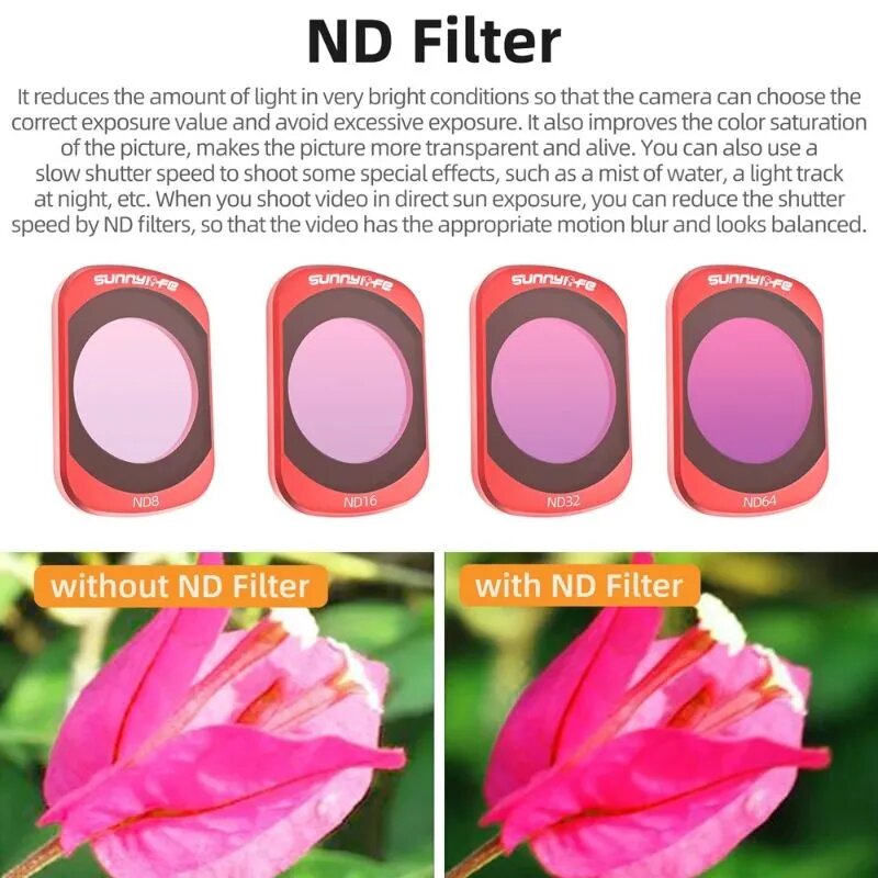 Sunnylife Магнитный фильтр для Osmo Pocket 4/3: ND8+ND16+ND32+ND64, аксессуары для экшн-камер