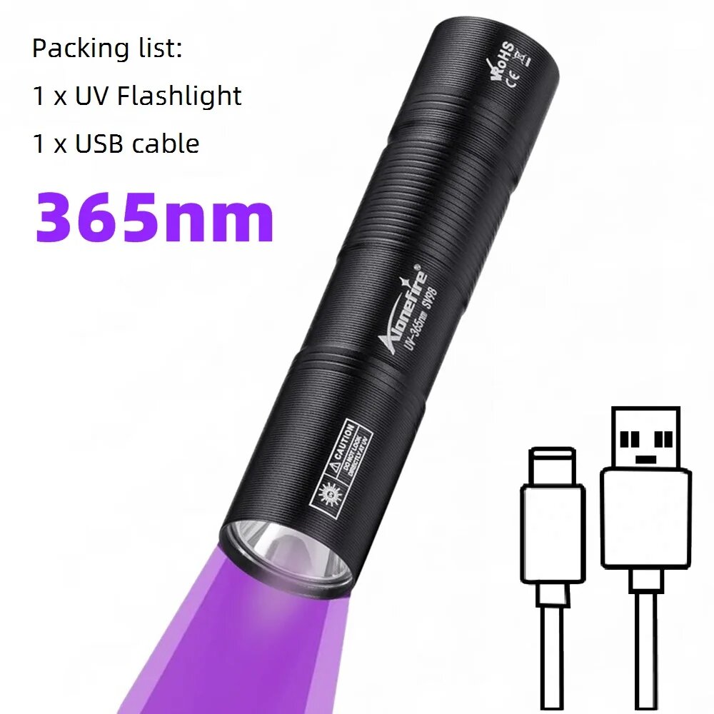 AloneFire SV98 USB-заряжаемый ультрафиолетовый фонарик черный