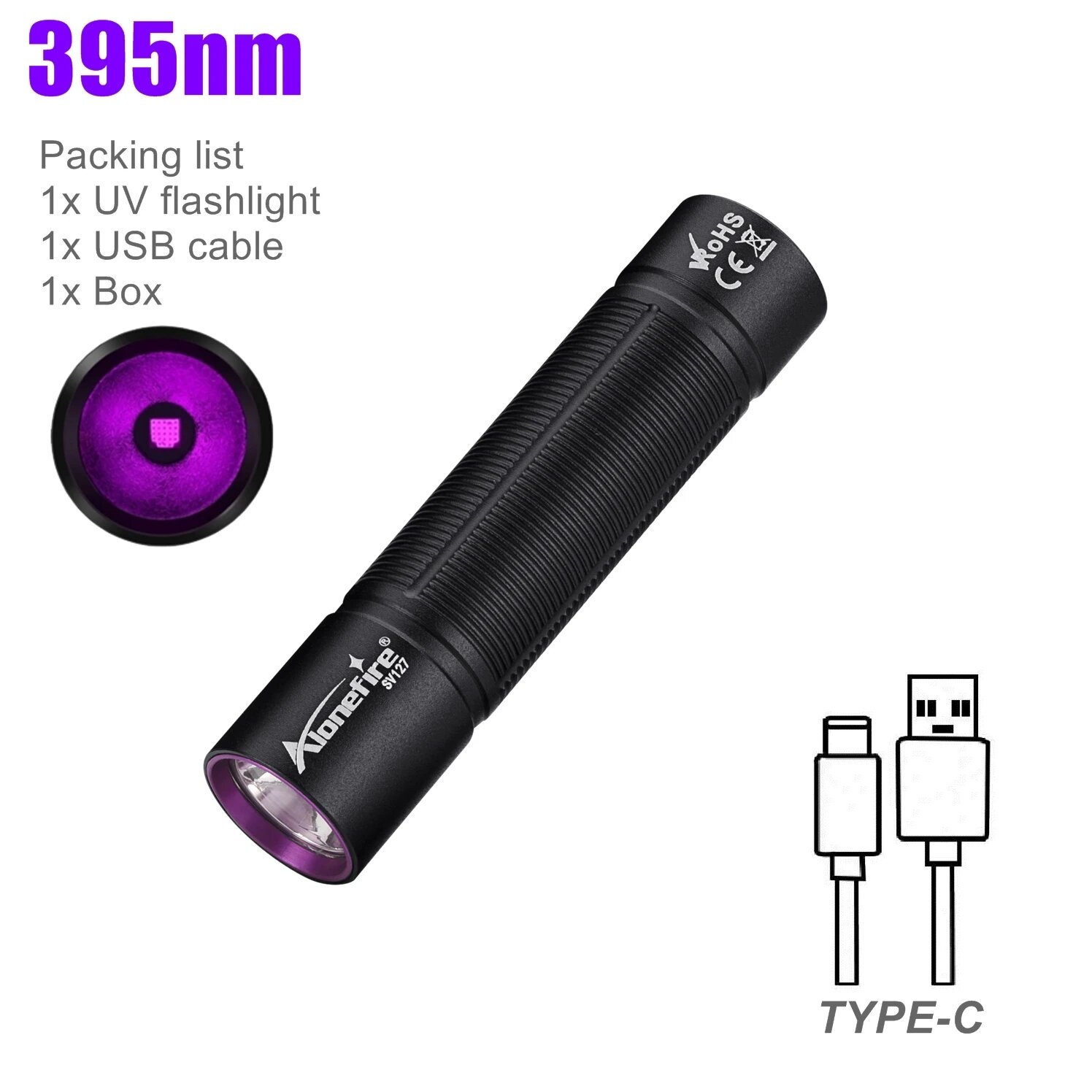 AloneFire SV127 черный ультрафиолетовый фонарик 395nm