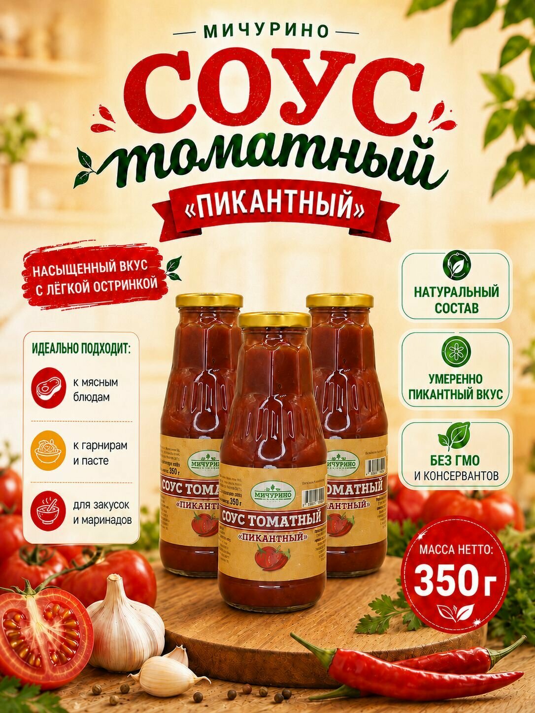 Соус томатный Мичурино "Пикантный", 3 шт. по 350 г