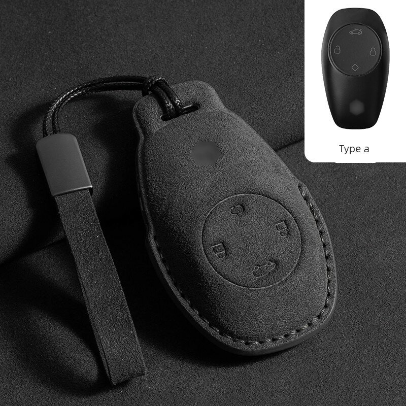 Чехол для ключа из флоковой ткани Style A для Lynk & Co T03/C01/C11/S01, черный, с кожаным шнуром