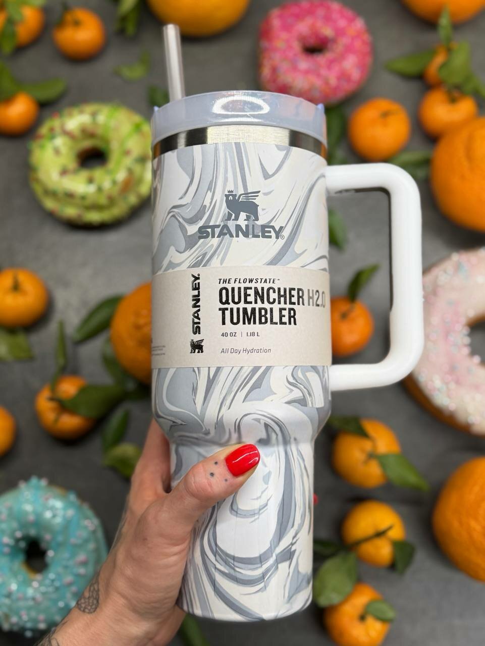 Термокружка для авто с ручкой и трубочкой Stanley / Стенли 40 OZ 1,18 мл / Серая гавань