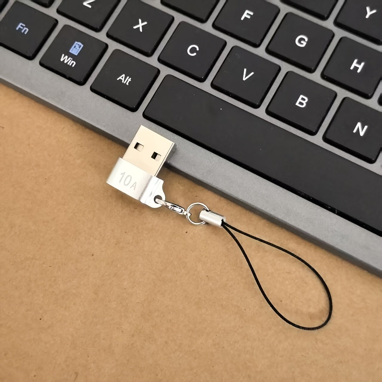 Переходник Type-C на USB 10 А, серебристый, с ушком и шнурком