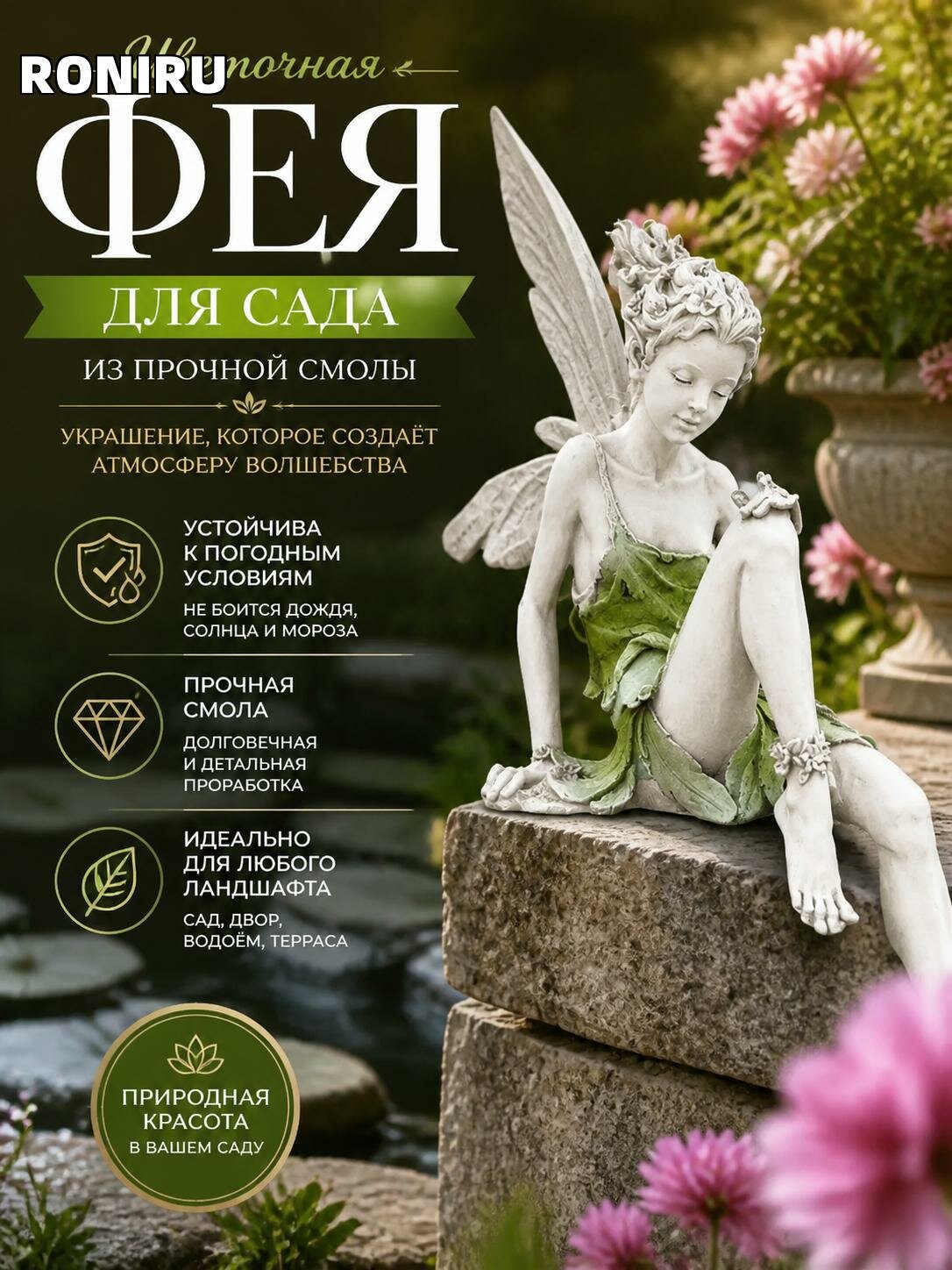 Скульптура цветочной феи для сада из прочной смолы — декоративная садовая статуя для ландшафта, двора и водоёмов