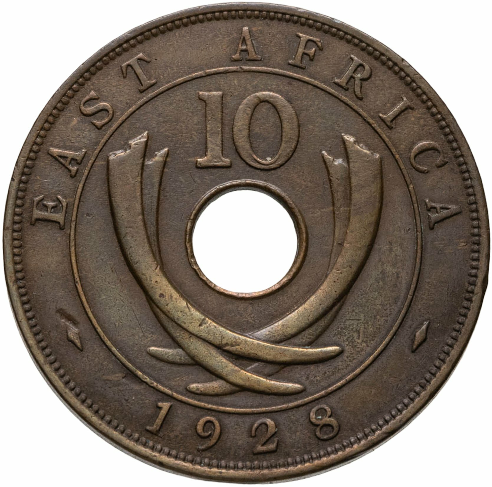 Британская Восточная Африка 10 центов cents 1928, Бронза, в сохранности VF