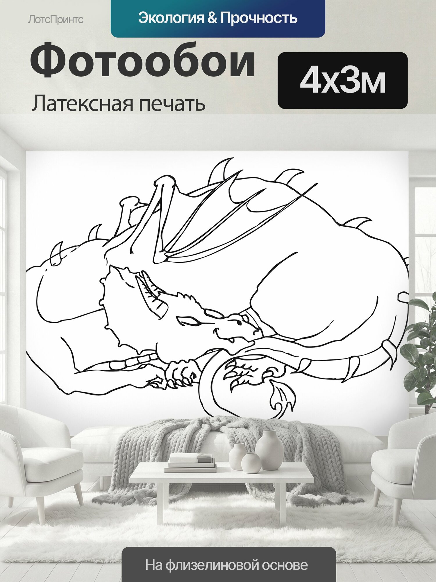 Фотообои моющиеся ударопрочные "Дракон, раскраска, рисование" 400x300 см. латексная печать