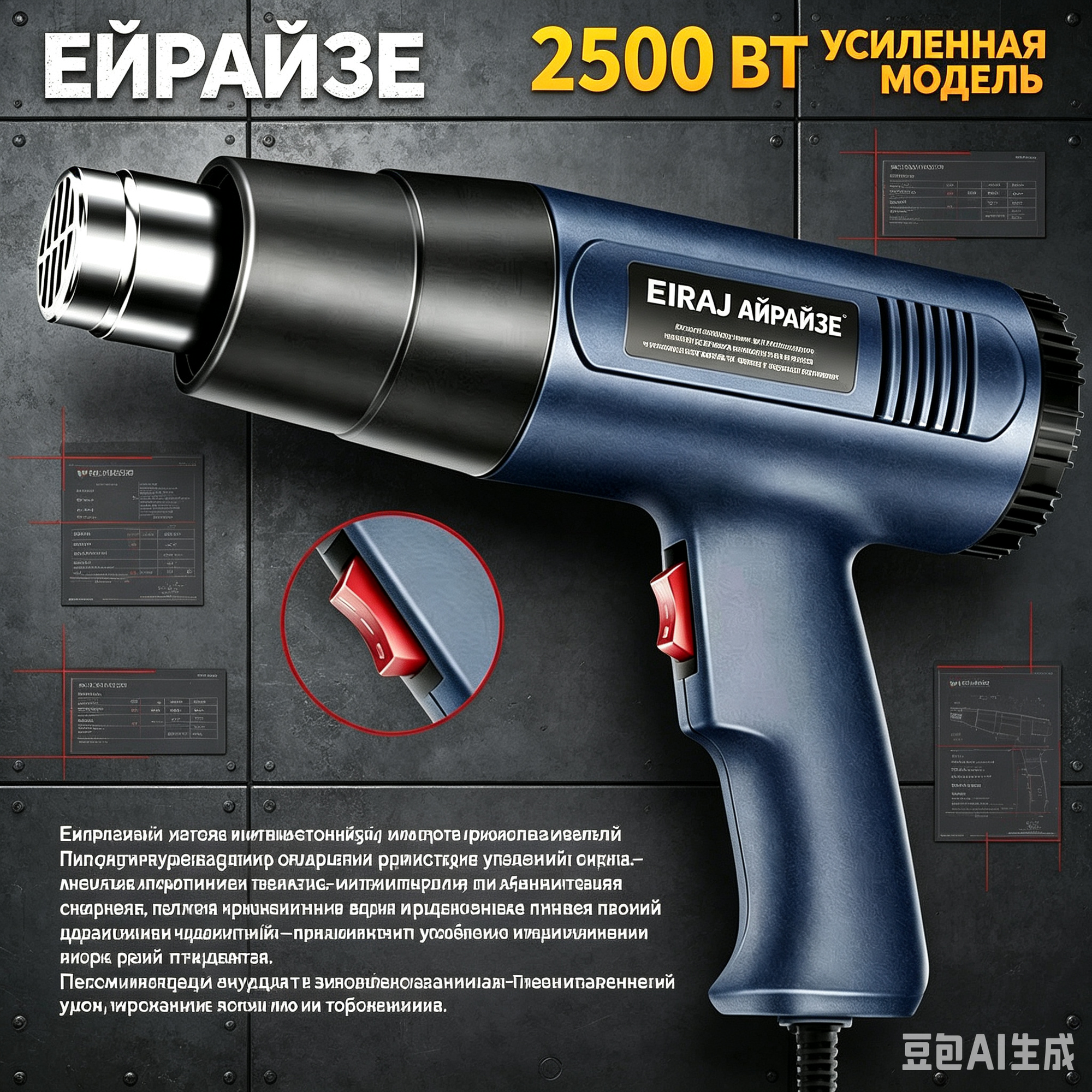 Фен строительный ( 2300 Вт, 220 В, 400/600 С, 300/500 л/мин, обрезиненная рукоять )