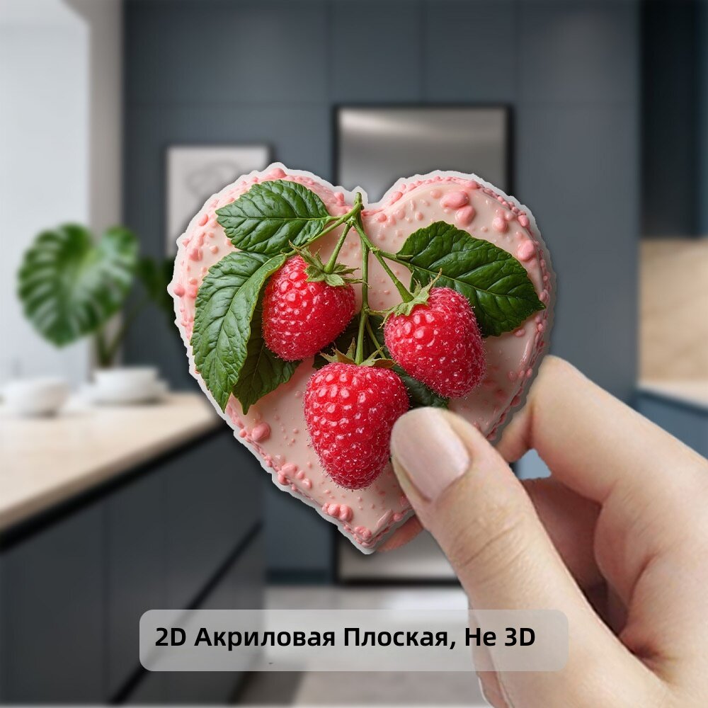 Акриловый магнит для холодильника в виде сочной малины с капельками росы, плоский 2D дизайн, 1 штука