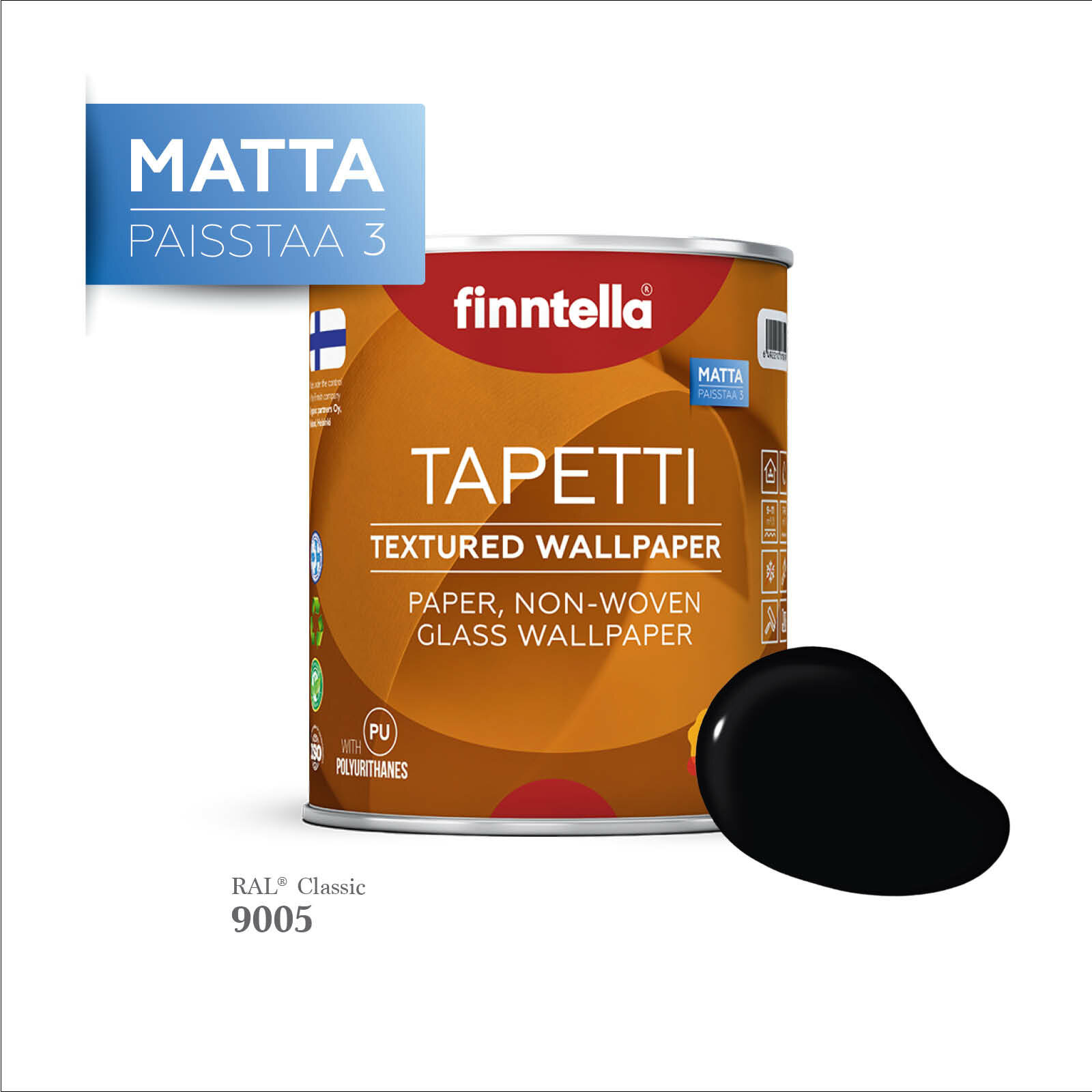 Матовая краска для обоев под окраску TAPETTI Matta FINNTELLA, Цвет RAL 9005 Глубокий черный (Jet black), 0,9л