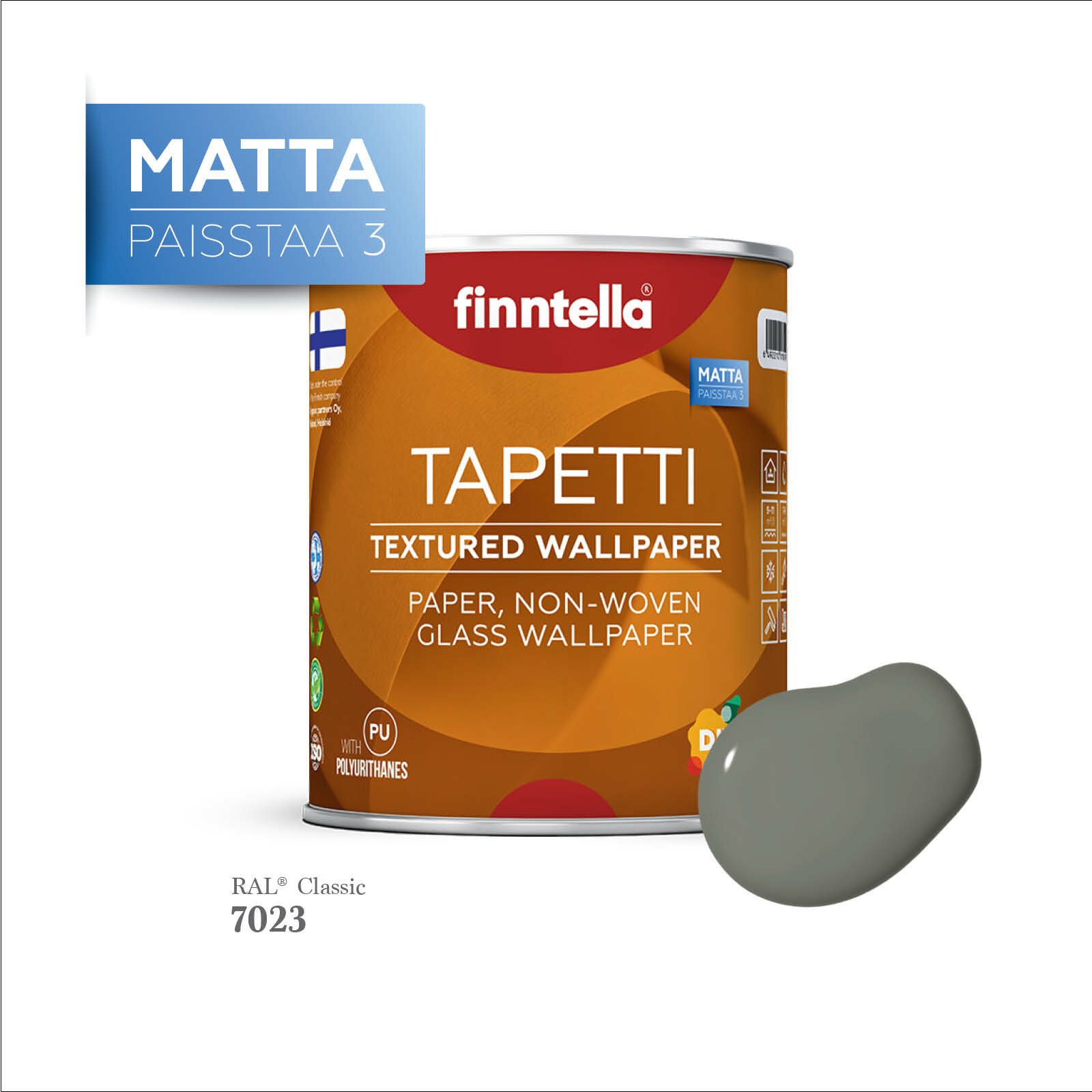 Матовая краска для обоев под окраску TAPETTI Matta FINNTELLA, Цвет RAL 7023 Серый бетон (Concrete grey), 0,9л