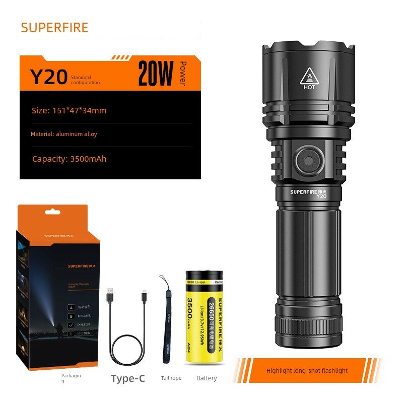 SUPFIRE Y26 мощный фонарик с зумом, сверхяркий перезаряжаемый уличный велосипедный фонарь дальнего действия Type-C Y20