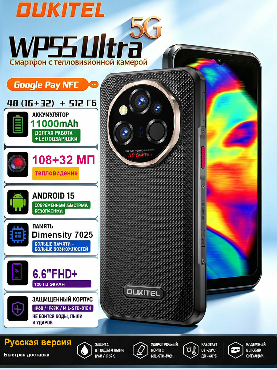 OUKITEL WP55 Ultra 5G, 36 ГБ (12+24)+512 ГБ, NFC,11000mAh, черный