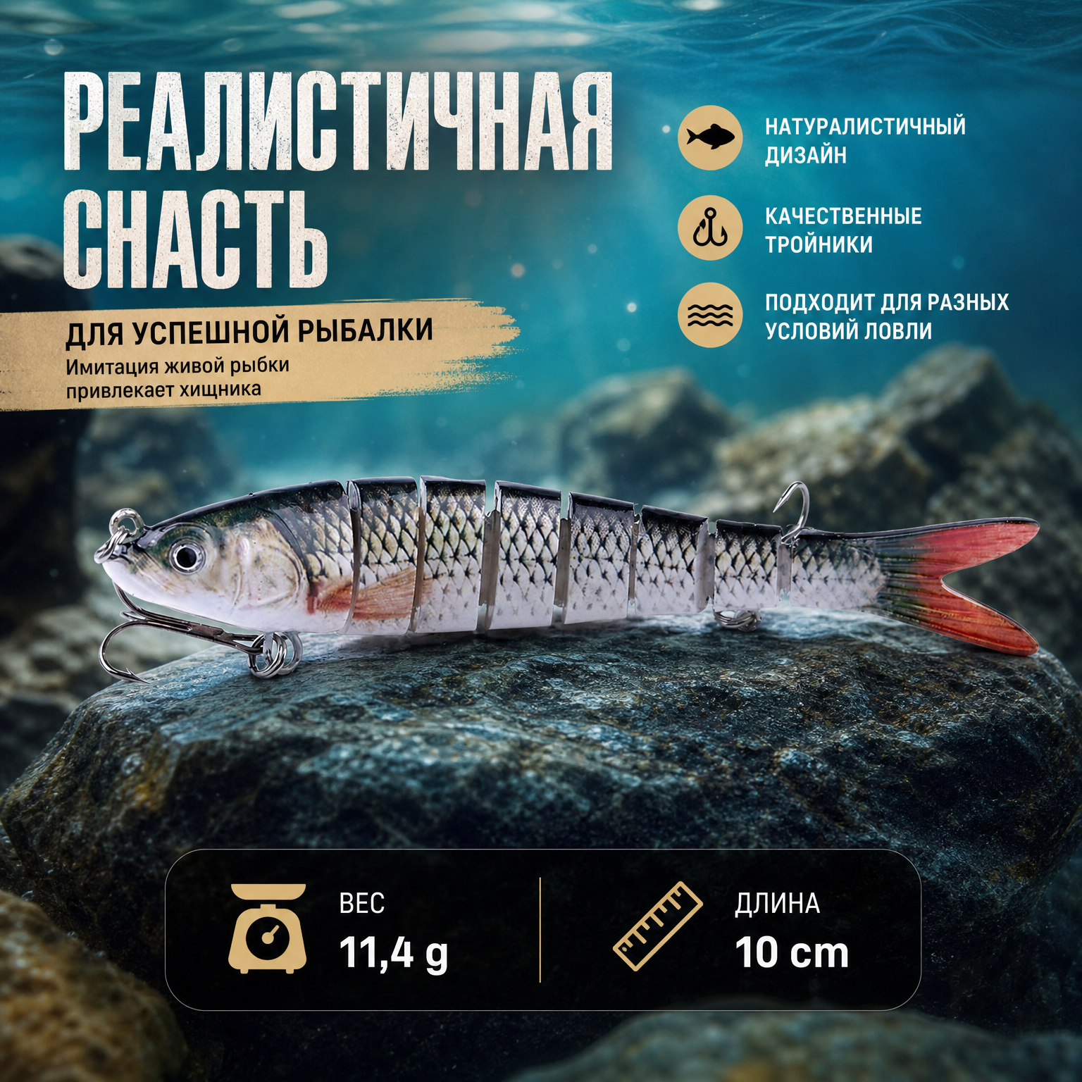 Воблер рыболовный реалистичный на хищника тонущий 11,4гр / 10см / 8 сегментов / Искусственная приманка / Снасть / на окуня / на судака / на щуку (Цвет товара: серый; Длина: 100 мм)