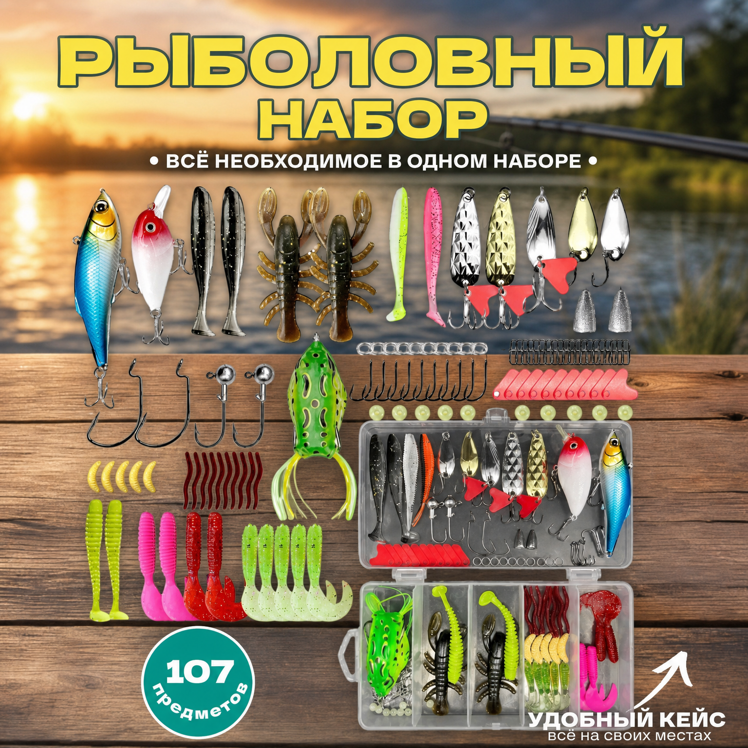 Рыболовный набор для ловли рыбы 107 предметов, рыболовный комплект воблеры, мягкие приманки, блесна, крючки, джиг-головки (Размер: 0,15 м; Цвет товара: зелёный, жёлтый, голубой; Комплектация: Набор рыболовных принадлежностей - 107 предметов)