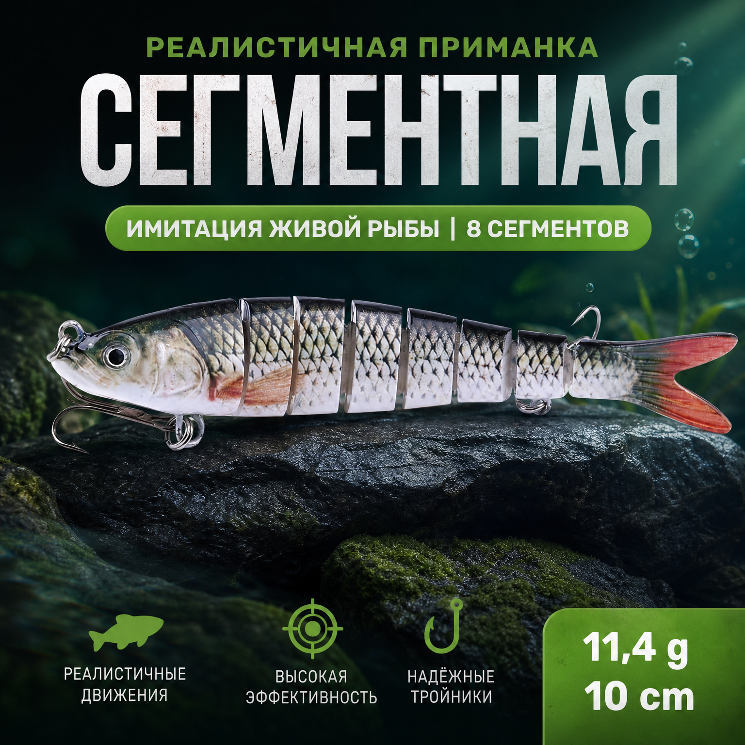 Воблер рыболовный на хищника тонущий 11,4г / 10см / 8 сегментов / Реалистичная имитация живой рыбы / Снасть / на окуня / на судака / на щуку (Цвет товара: серый; Длина: 100 мм)