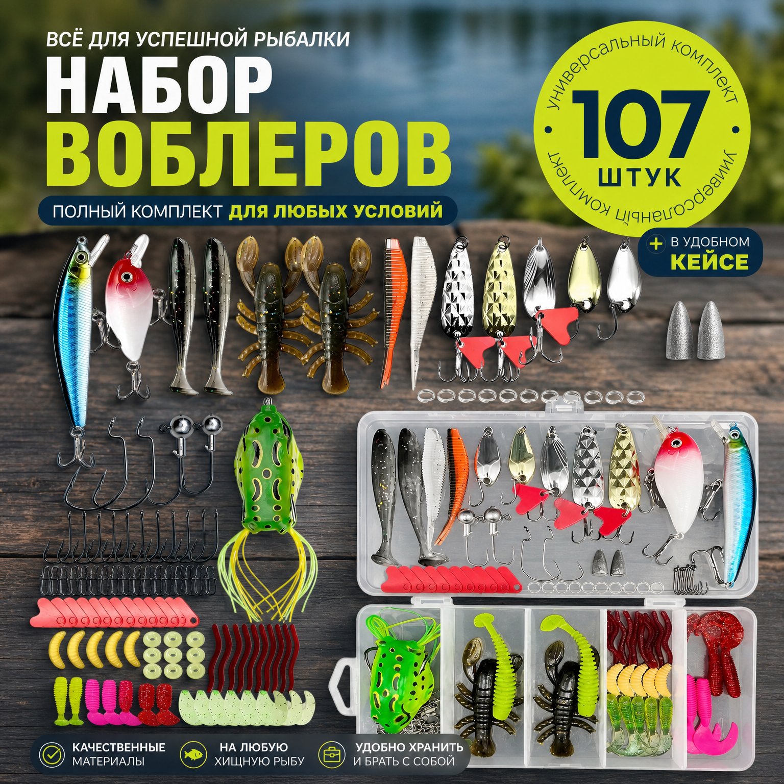Набор рыболовный 107 предметов: воблеры, блесна колеблющаяся, силиконовые приманки, аксессуары для приманок в полном комплекте для любых условий и удобном кейсе