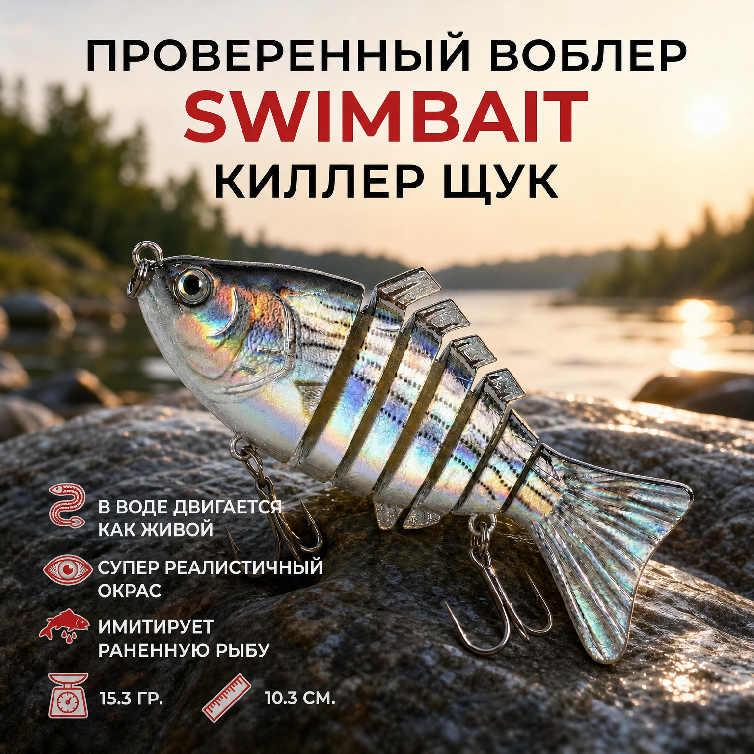 Проверенный воблер SWIMBAIT приманка на щуку, окуня, судака, киллер ЩУК, тонущий свимбейт 15,3 ГР. 10,3 СМ. (Цвет товара: серебристый; Длина: 10,3 СМ)
