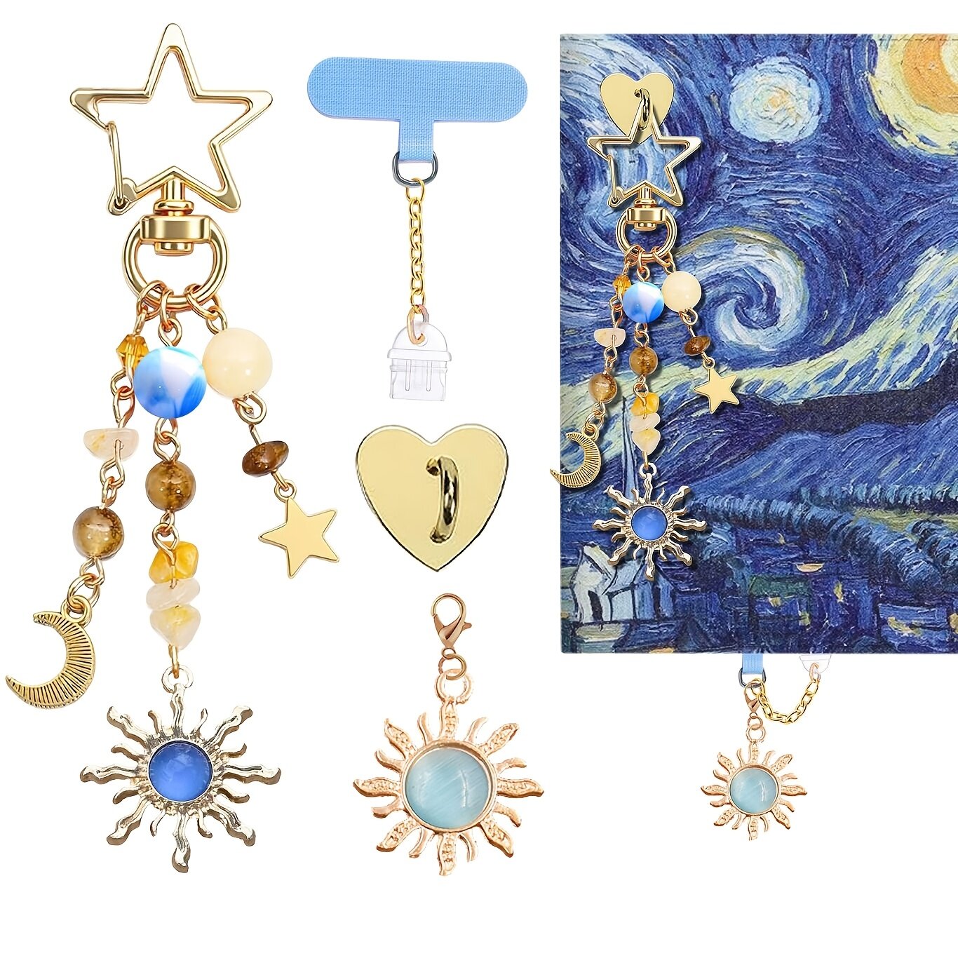 Набор аксессуаров для телефона и Kindle, 4 шт: пылезащитная заглушка USB-C, крючок-сердечко и 2 блестящих брелока, синий