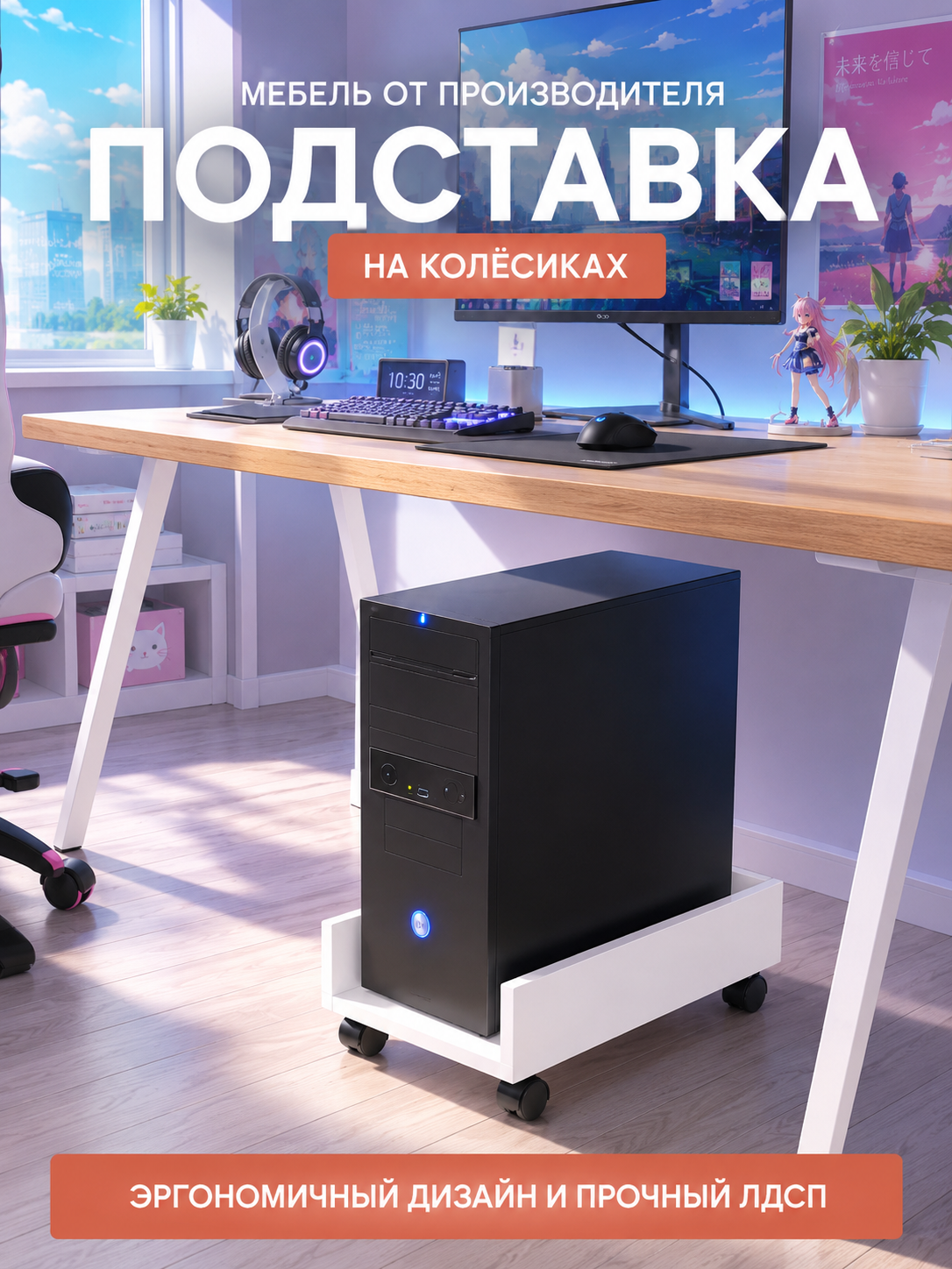 Подставка под системный блок на колесах белая