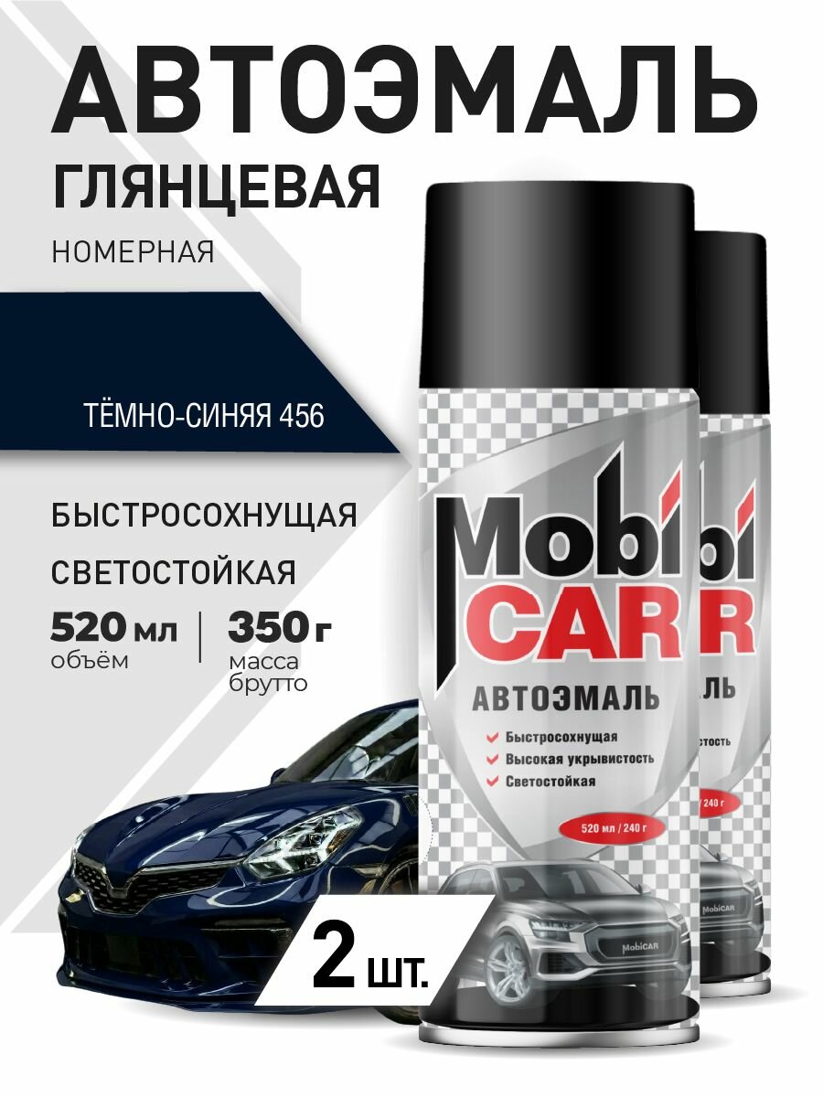 Аэрозольная автоэмаль MobiCAR в баллоне 520 мл глянцевая, цвет Темно-синяя - 2 шт в комплекте темно-синий глянец 520 мл набор