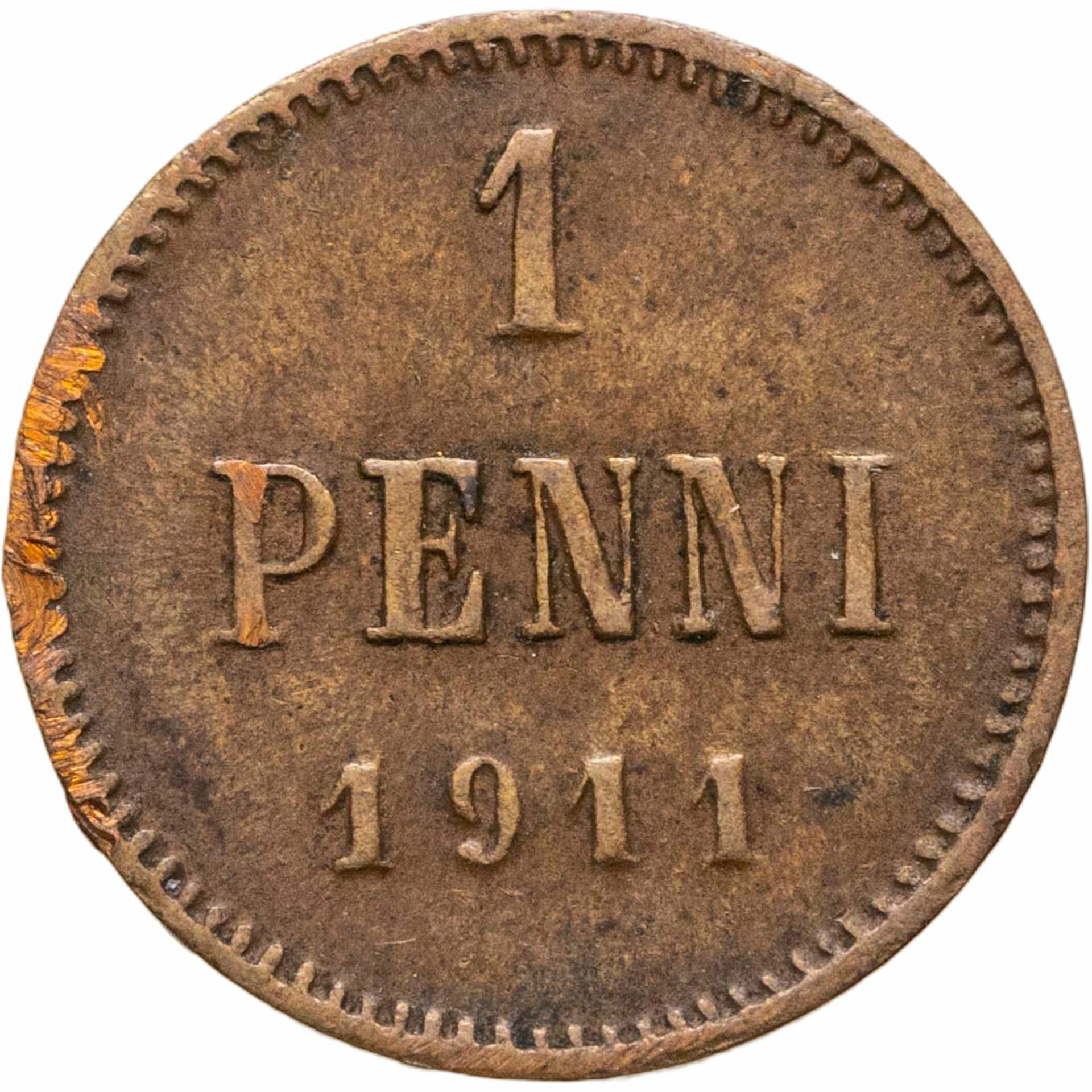 1 пенни penni 1911 Российская Финляндия, Медь, в сохранности VF
