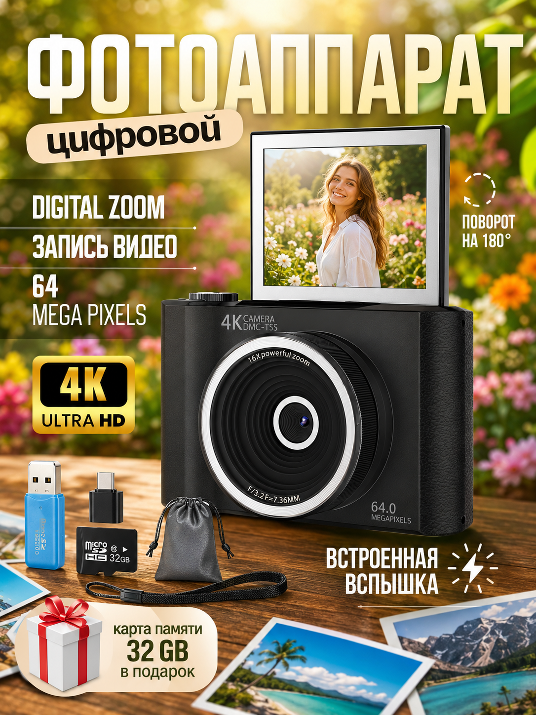 Портативный фотоаппарат W & O, 64МП, 3", USB, 4K видео, встроенный аккумулятор black
