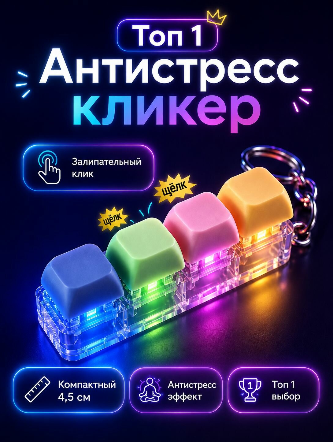 Антистресс клавиатура-Кейкап брелок с LED подсветкой, механические кнопки, fidg фиджет игрушка для ключей