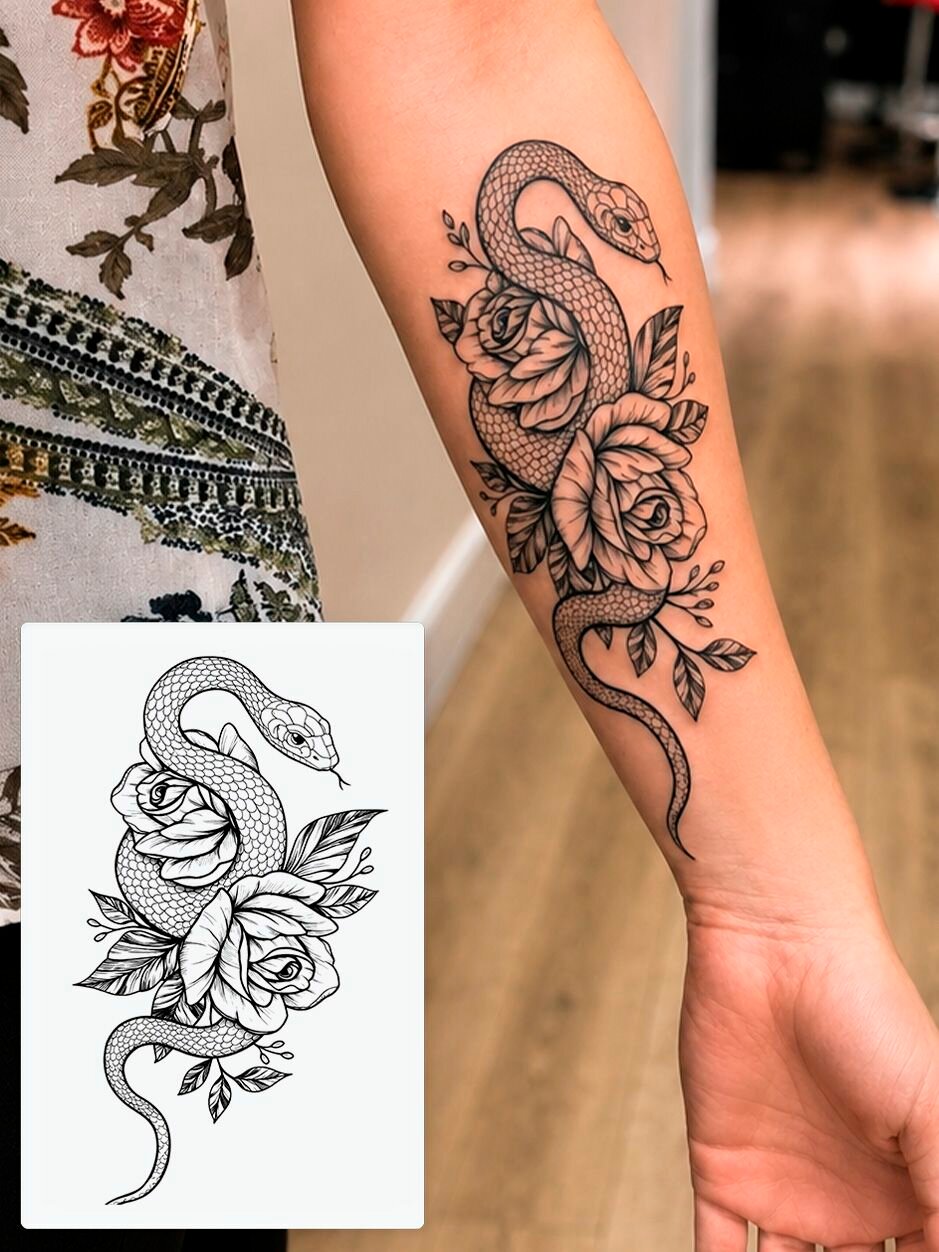 Tattoo'шки Временная тату "Змея и розы" 12*19см наклейка тату змея роза 12х19