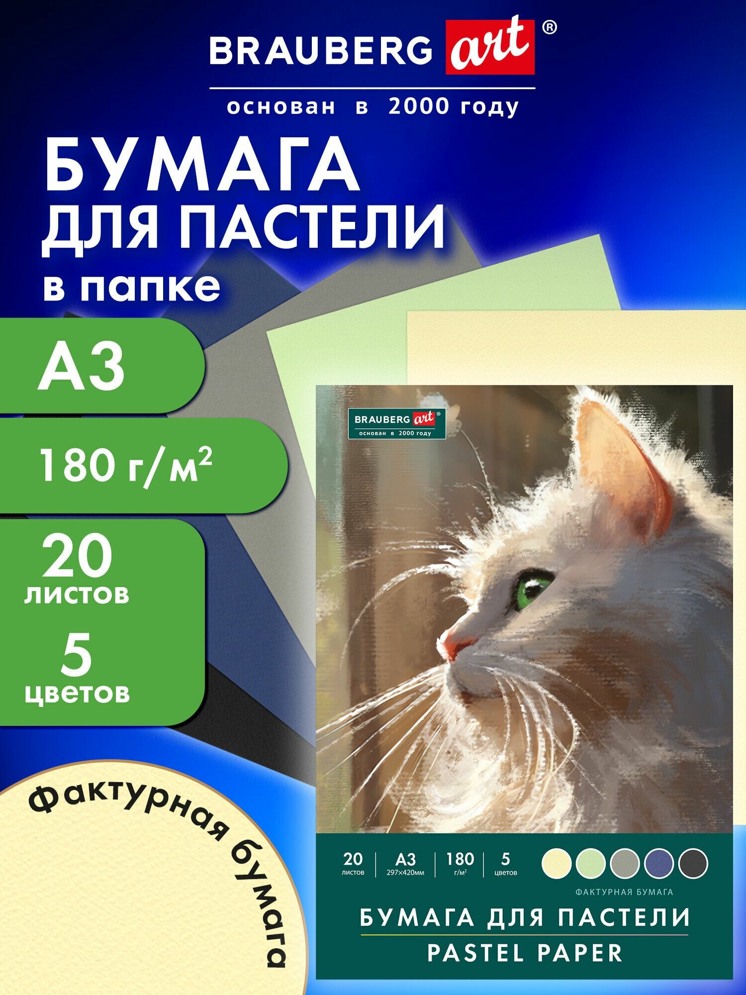 Бумага для пастели, для рисования художественная цветная A3, набор 20 листов 5 цветов в папке, 180 г/м2, Brauberg Art пастельная бумага A3 плотная бумага 180 г/м2 набор 20 листов 5 цветов