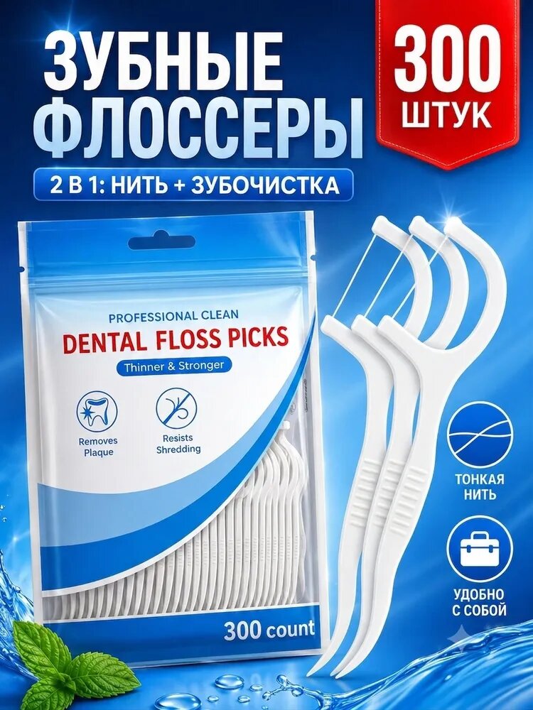 Зубочистки с нитью, флоссеры для зубов, зубная нить с держателем 300 шт