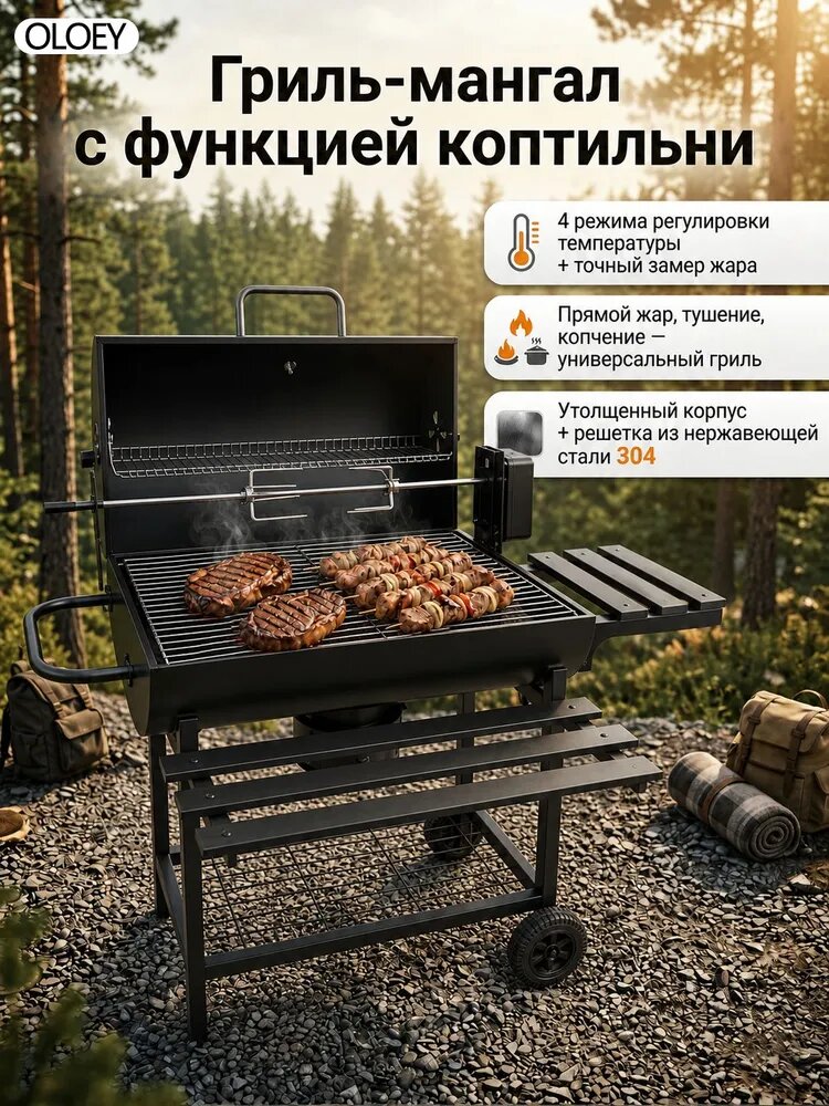 Угольный мангал для шашлыка с крышкой, электрическим вертелом и функцией коптильни решётка из нержавейки 304, для дачи и пикника
