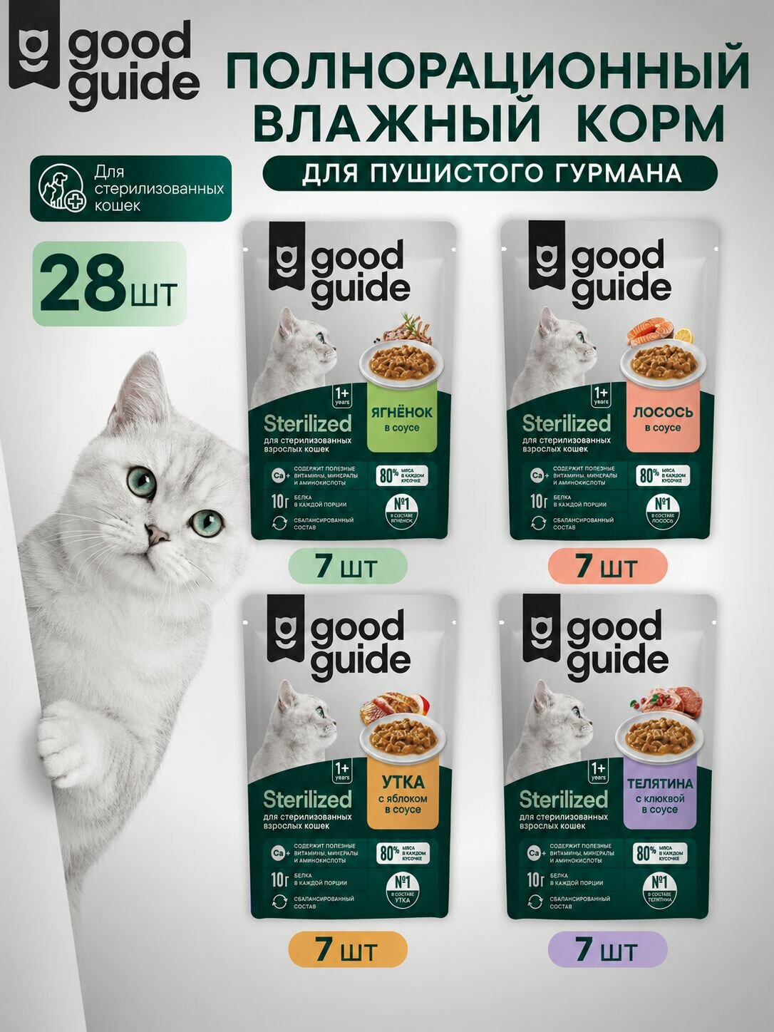 Влажный корм для кошек Good Guide набор ассорти 4 вкуса (ягнёнок, лосось, утка, телятина) в соусе, 28 шт х 75 г, полнорационный для стерилизованных кошек