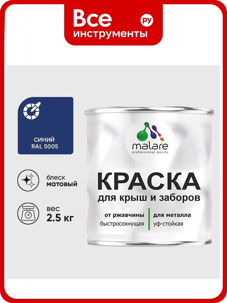 Краска по металлу MALARE для крыш и заборов, по ржавчине, быстросохнущая, износостойкая, матовая, синий, 2,5 кг КМЗ5005М0250