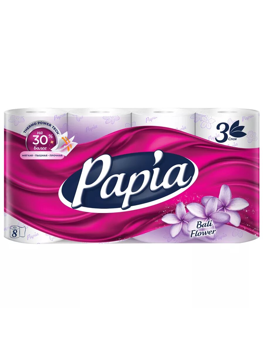 Туалетная бумага мягкая Papia трехслойная Цветы Бали 8 рулонов
