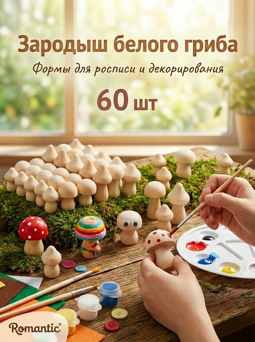 60 наборов грибов, неокрашенных, незаконченных игрушек из дерева, подходящих для детского художественного рисования, декорирования поделок.