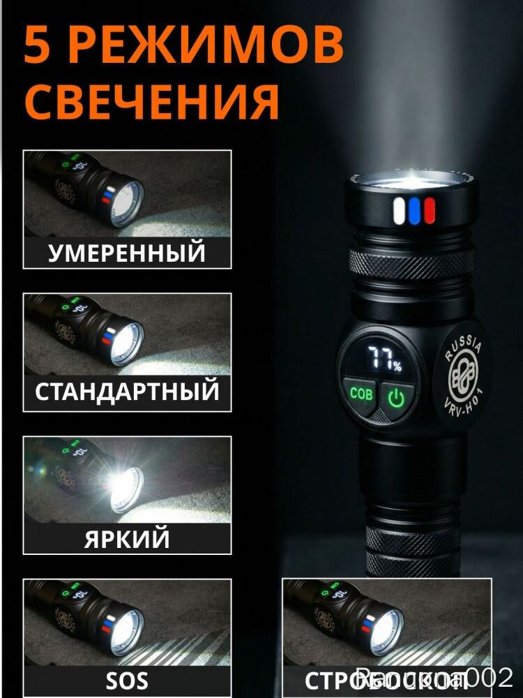 Фонарь ручной VRV-01 с LED дисплеем и зумом, 9 режимов, магнит, power bank, для дома, фонарик — фото 1