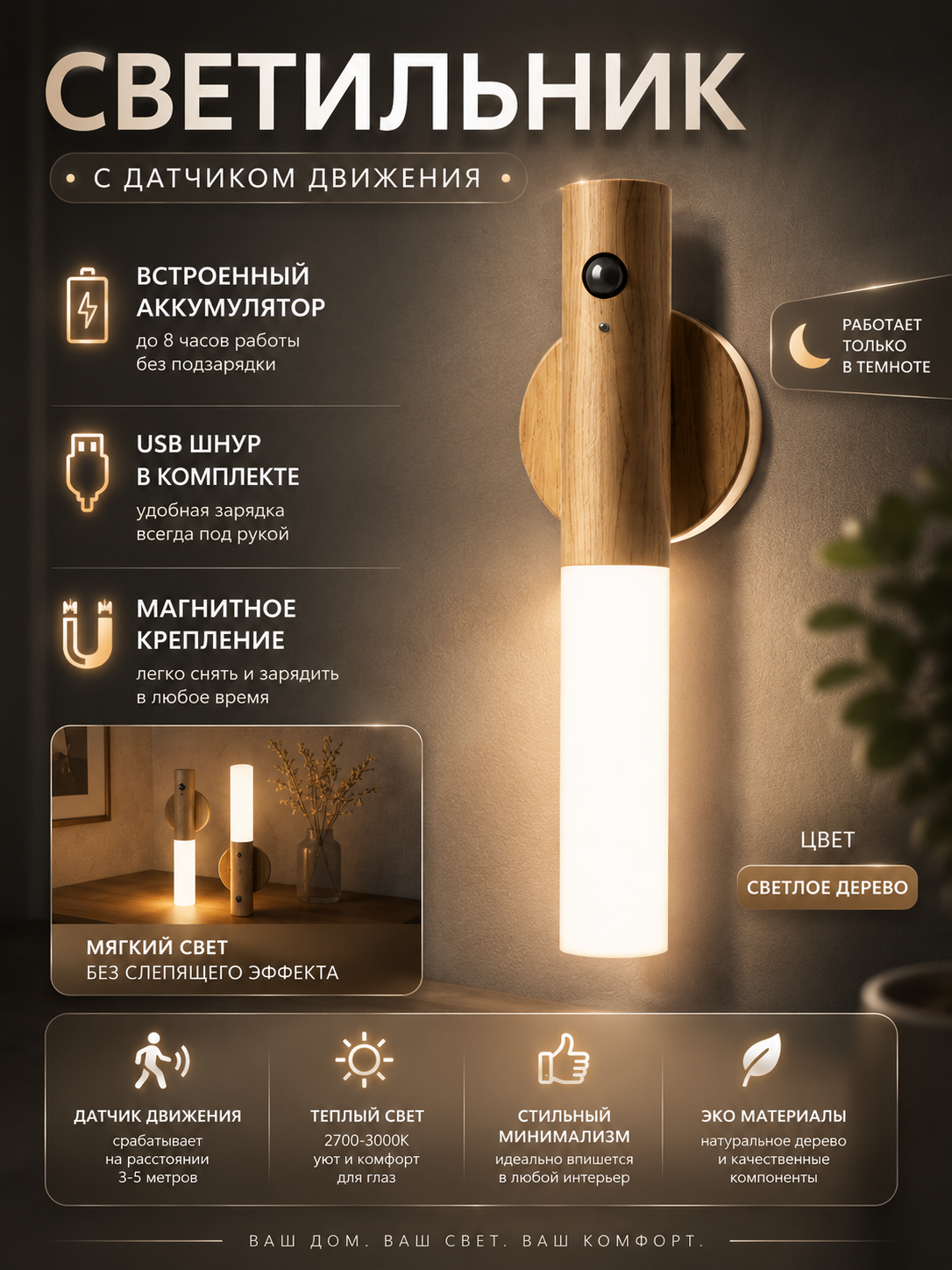 Светильник с датчиком движения, ночник беспроводной на стену