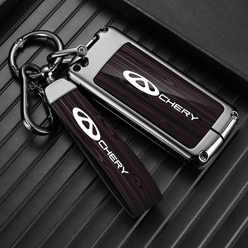 Чехол для ключа Chery Tiggo 8 Plus - Деревянный узор коричневый с кожаным клипом