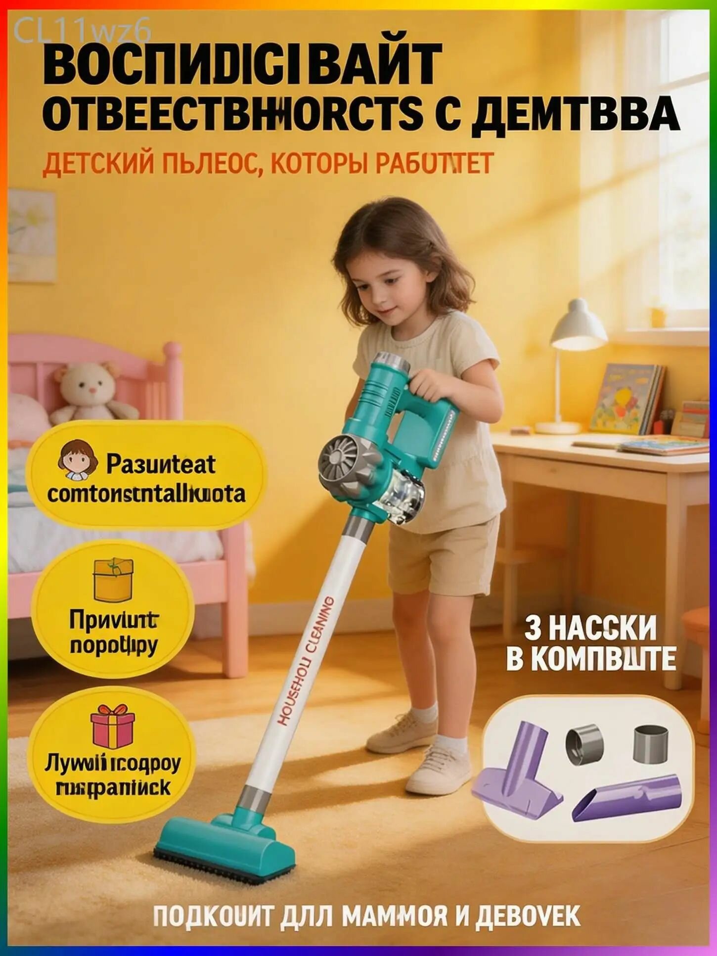 Пылесос детский вертикальный игрушечный ручной, 3 насадки, контейнер для сбора пыли, игровой набор бытовая техника-yl