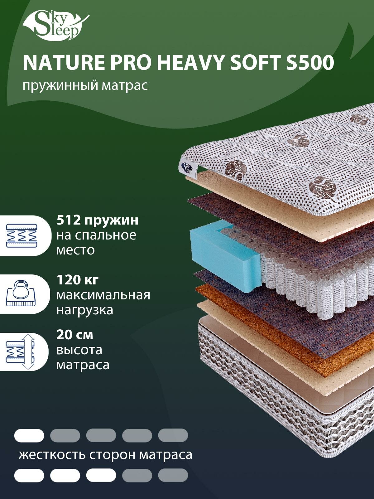 Матрас SkySleep NATURE PRO Heavy Soft S500 60×205, на независимых пружинах, разной жёсткости, 20 см