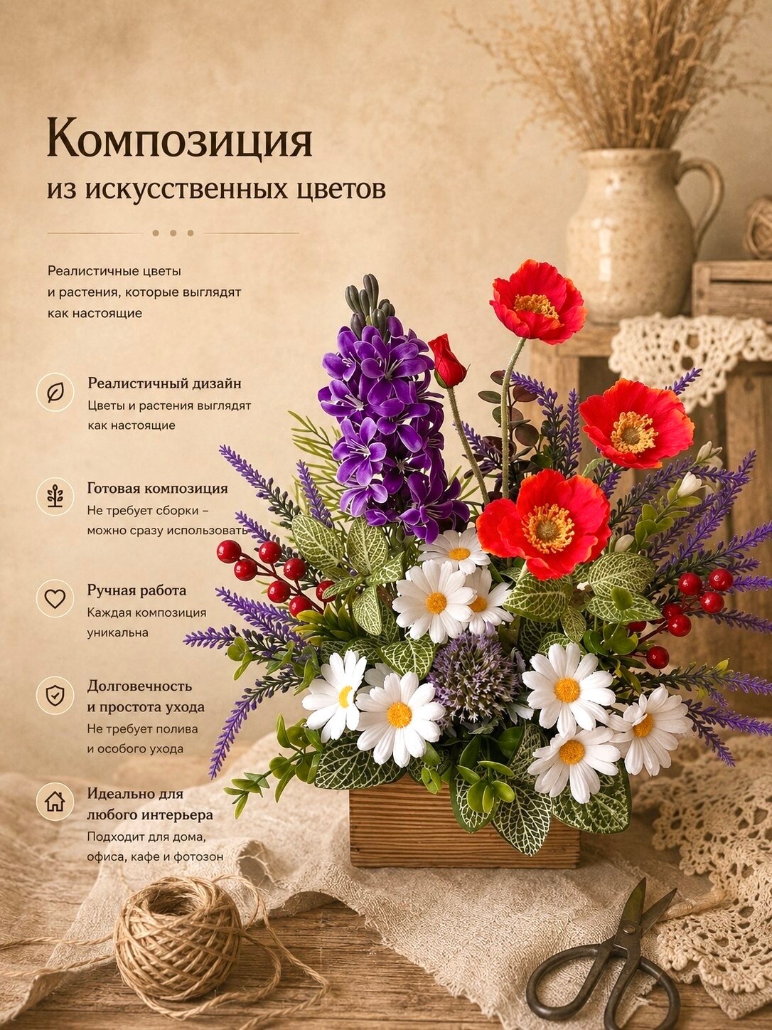Искусственные цветы для декора- мак, ромашка, лаванда от ФлораВи