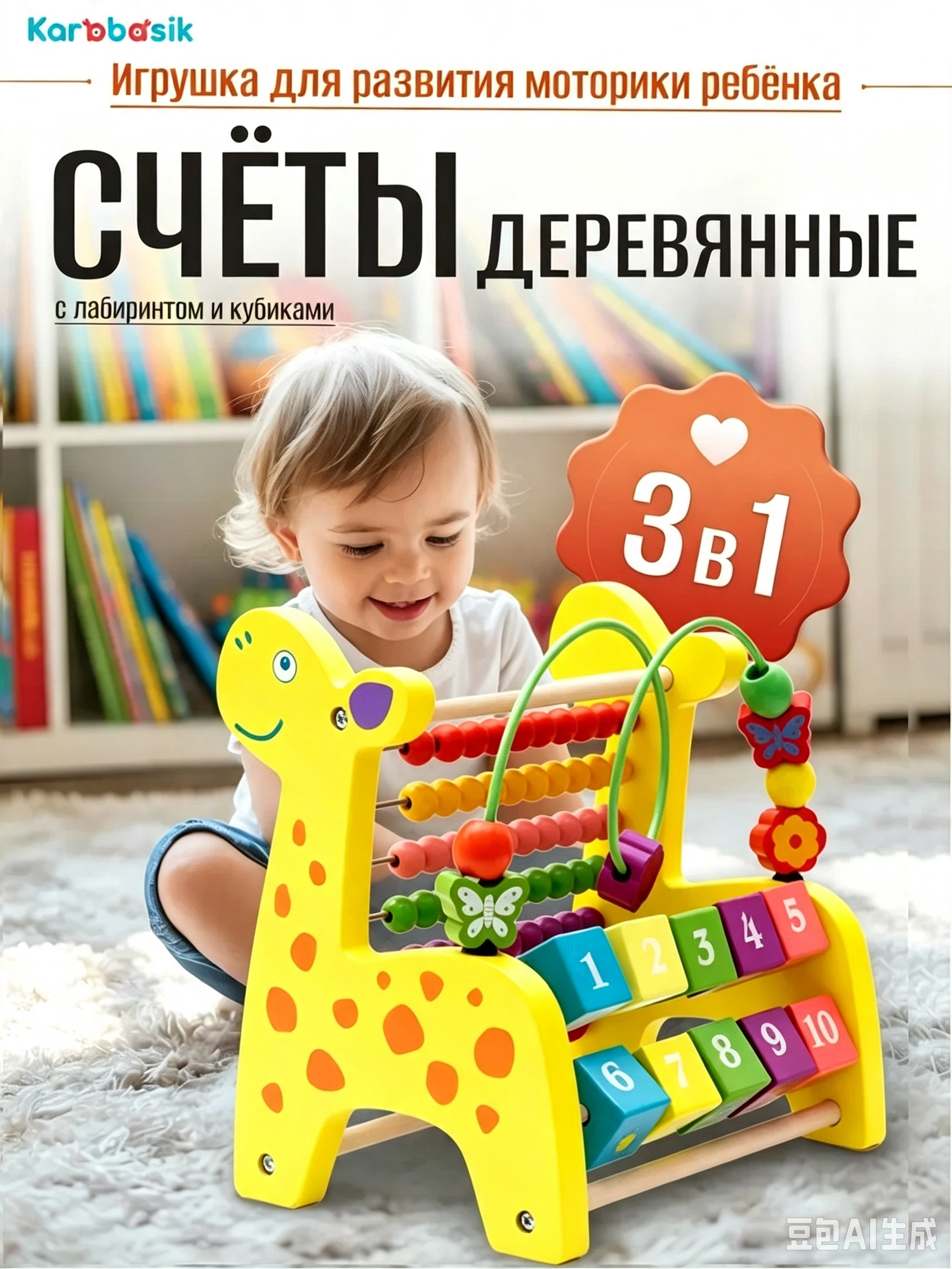 Счеты деревянные для малышей развивающая игрушка бизиборд Жираф