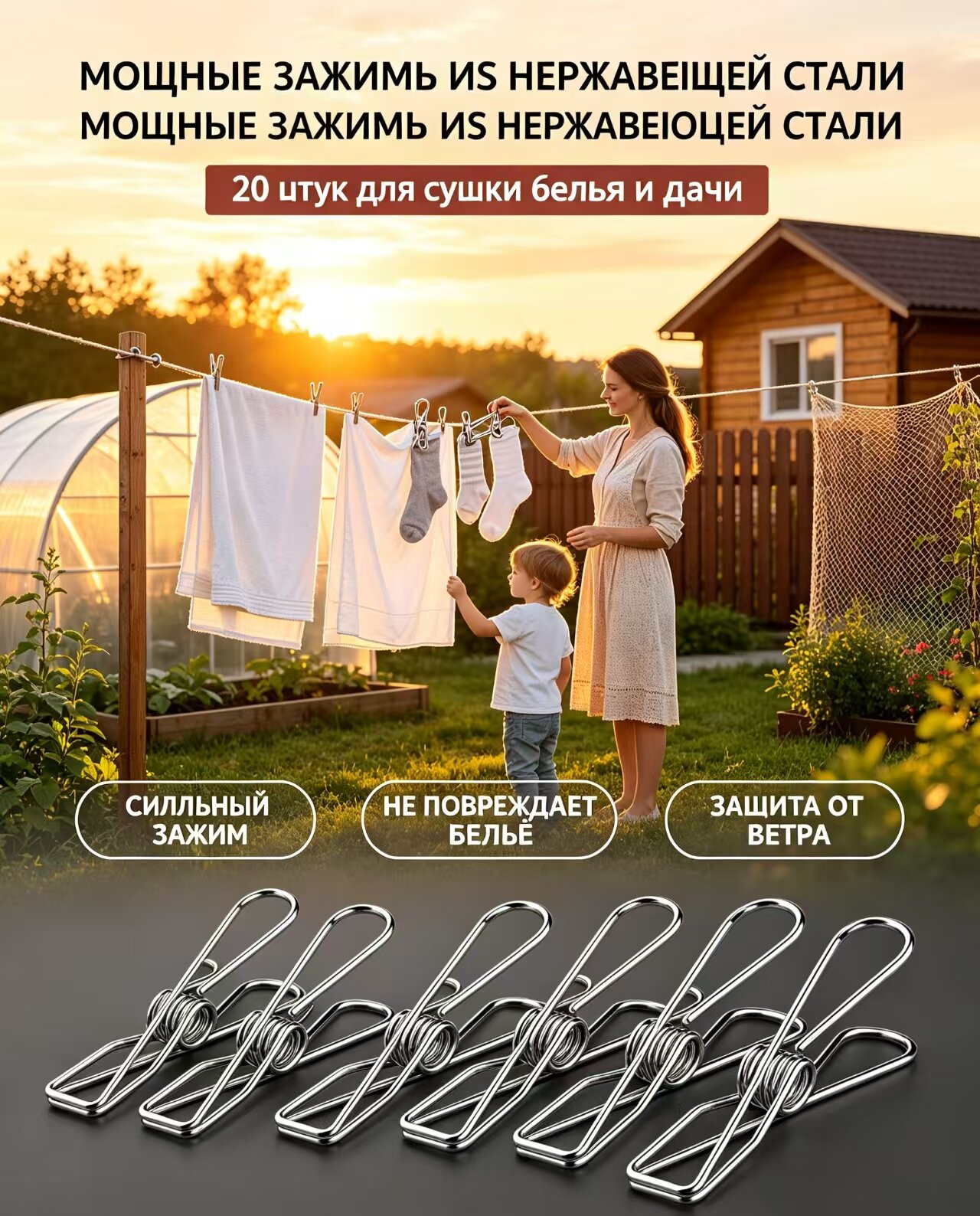 Прищепка для белья из нержавеющей стали, размер 4,2 см, 20 шт