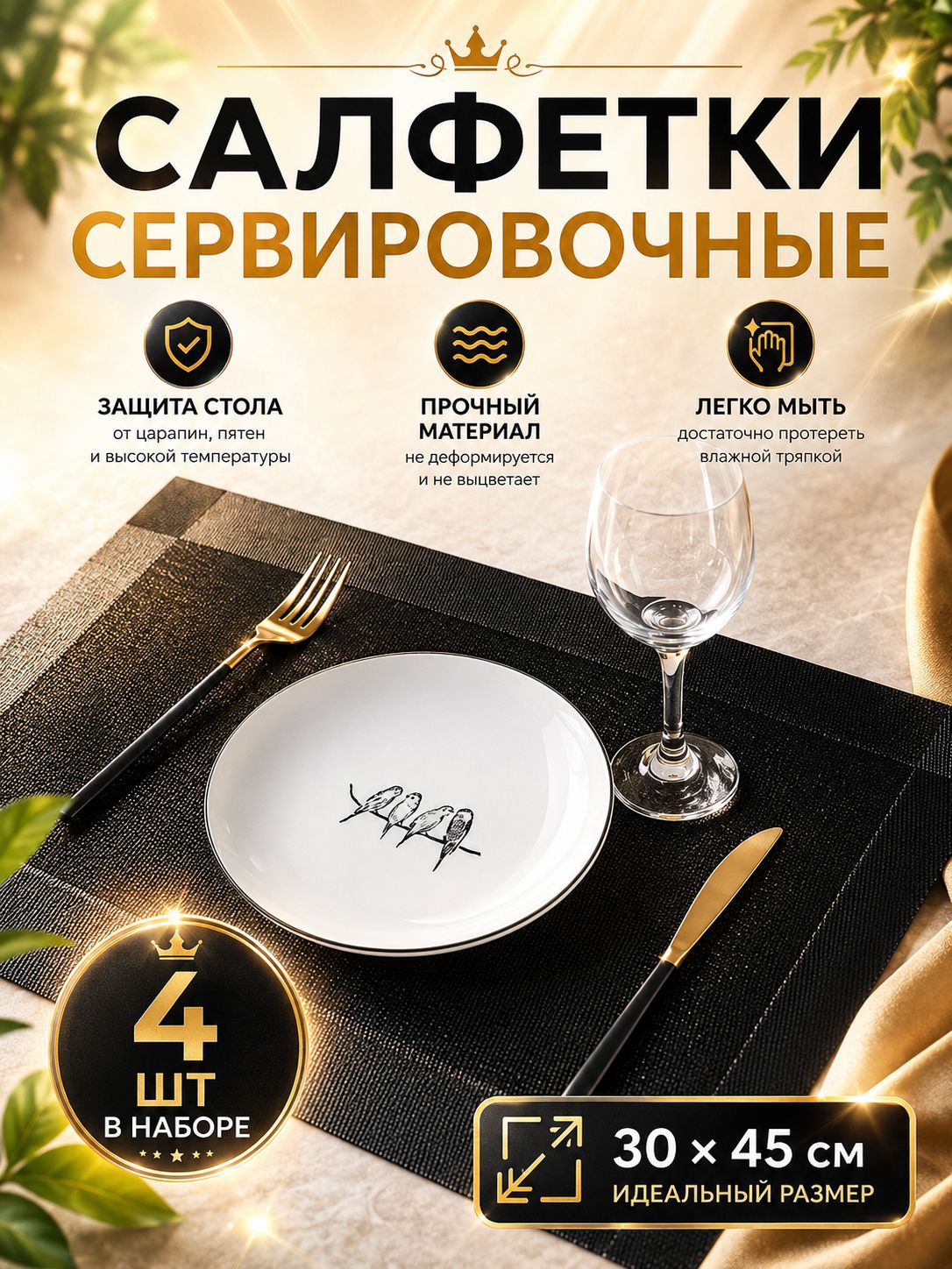 Плейсматы на стол, набор 4 штуки, Салфетки сервировочные, Черные