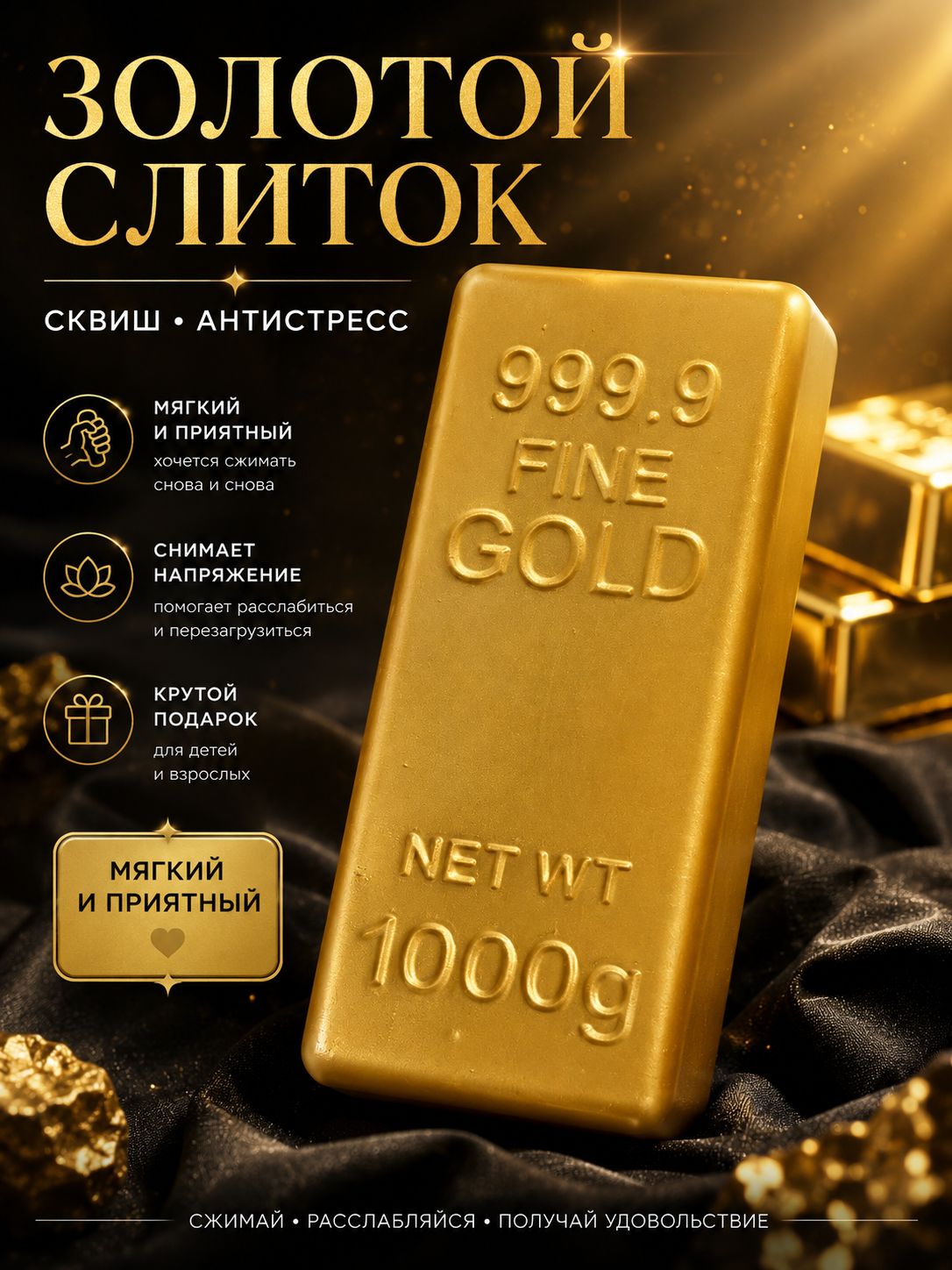 Сквиш антистресс золотой слиток, butter жмякалка для детей и взрослых
